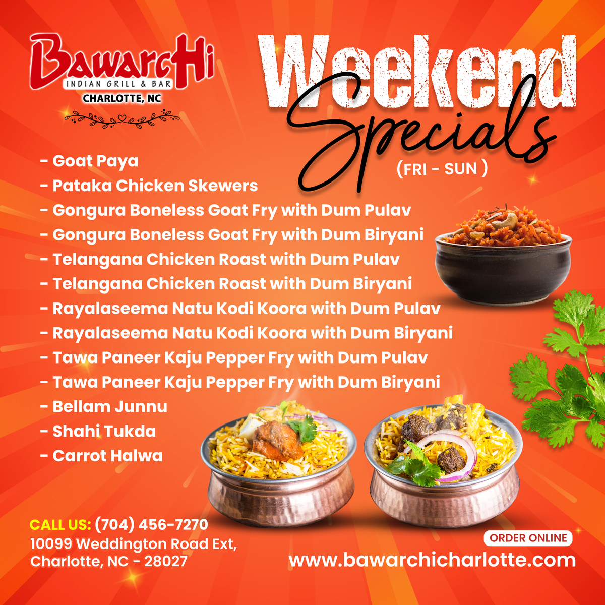 Bawarchi Indian Grill & Bar, Charlotte - NC » Contact Us » Order Online